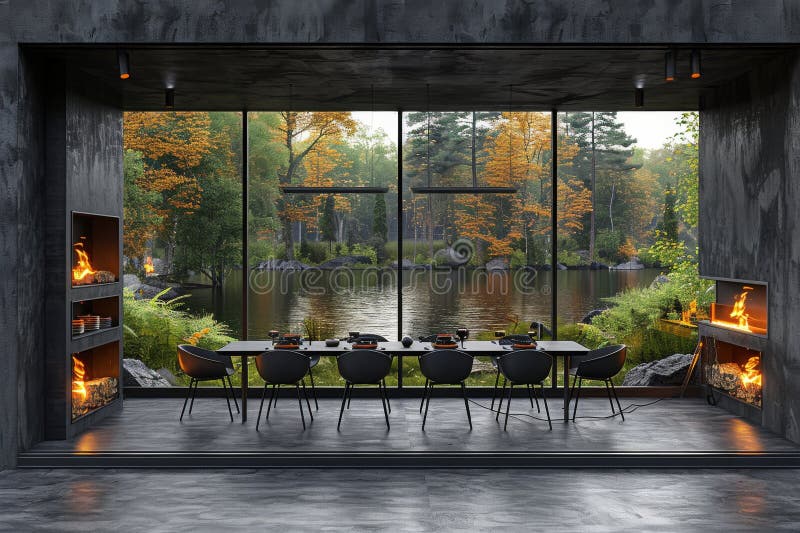 Modern Dining Room with Large Windows Offering a Scenic View of the ...