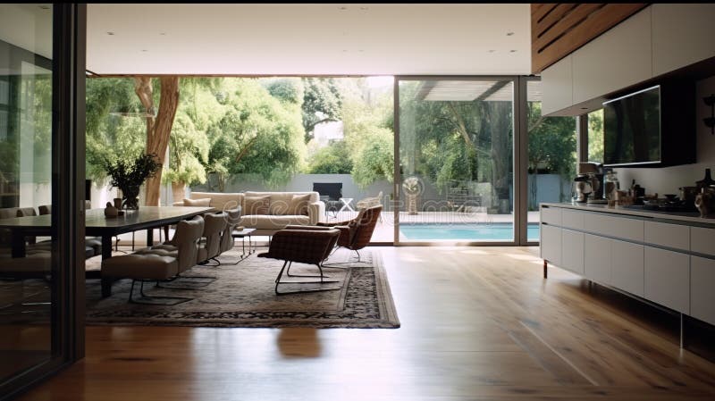 Modern Dining Room with Large Windows Overlooking a Backyard with a ...