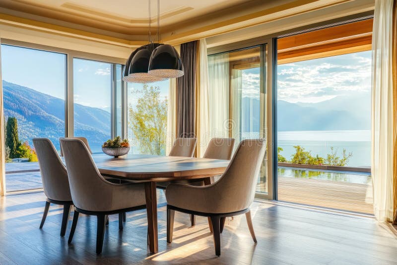 Modern Dining Room with Large Windows Overlooking a Lake and Mountains ...