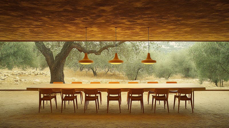 Modern Dining Room, Olive Grove View, Long Table, Minimalist Design ...