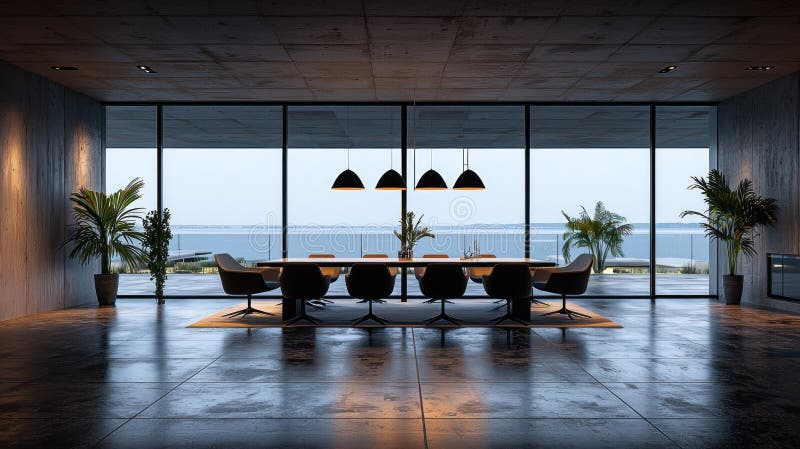 Modern Dining Room Overlooking Ocean at Dusk, Ideal for Interior Design ...