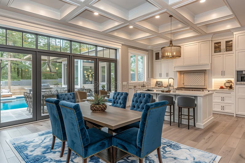 Modern Dining Room with Pool View and Coffered Ceiling Stock Image ...