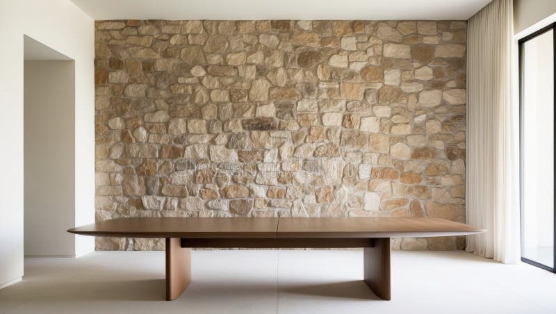 Modern Dining Room with Stone Wall and Wooden Table. Stock Image ...