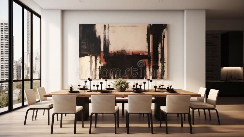 Modern Dining Room with a Table and Chairs Set Against a Large Abstract ...