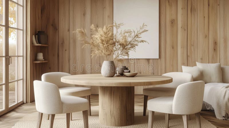 Modern Dining Room with Wooden Decor, Round Table, Neutral Tones, and ...