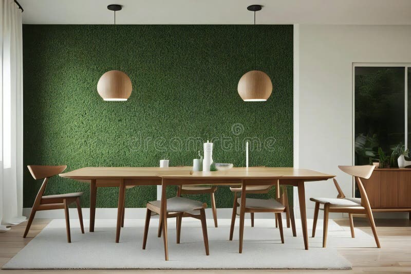 Modern Dining Room with Wooden Table, Chairs, and Green Textured Wall ...