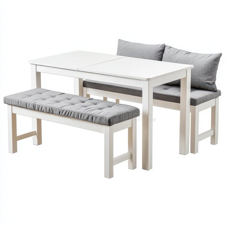 A Modern Dining Set Featuring a Table and Bench with Cushions for ...