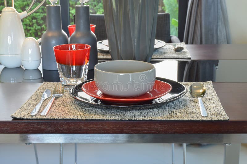 Close Up Modern Classic Dining Set on Wooden Dining Table Stock Image ...