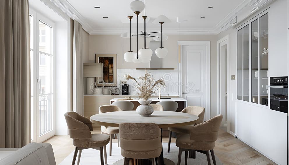 Modern Dining Space with Round Table Upholstered Chairs Statement Light ...