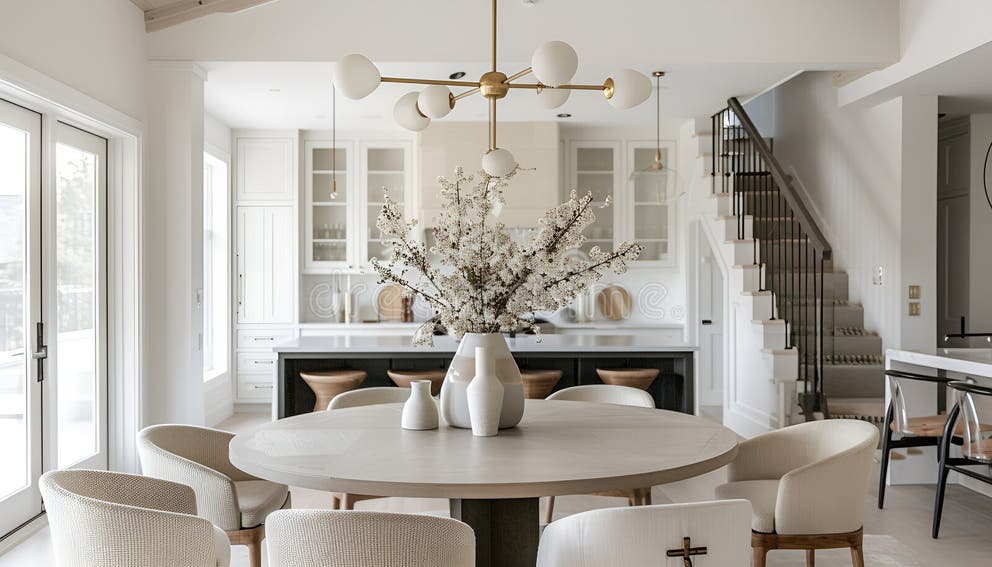 Modern Dining Space with Round Table Upholstered Chairs Statement Light ...