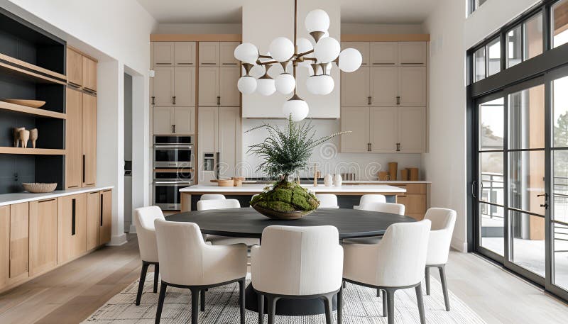Modern Dining Space with Round Table Upholstered Chairs Statement Light ...
