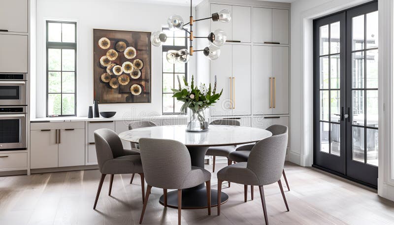 Modern Dining Space with Round Table Upholstered Chairs Statement Light ...