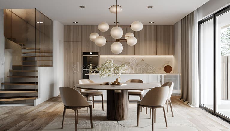 Modern Dining Space with Round Table Upholstered Chairs Statement Light ...