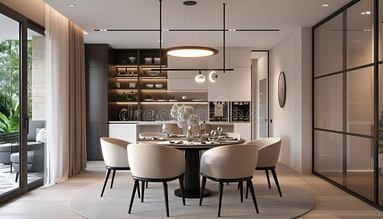 Modern Dining Space with Round Table Upholstered Chairs Statement Light ...