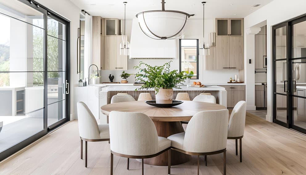 Modern Dining Space with Round Table Upholstered Chairs Statement Light ...