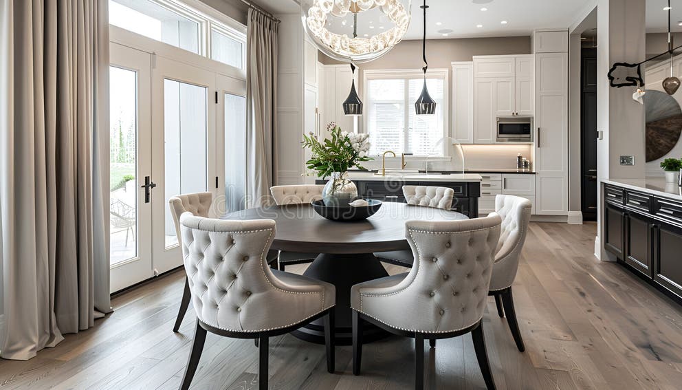 Modern Dining Space with Round Table Upholstered Chairs Statement Light ...