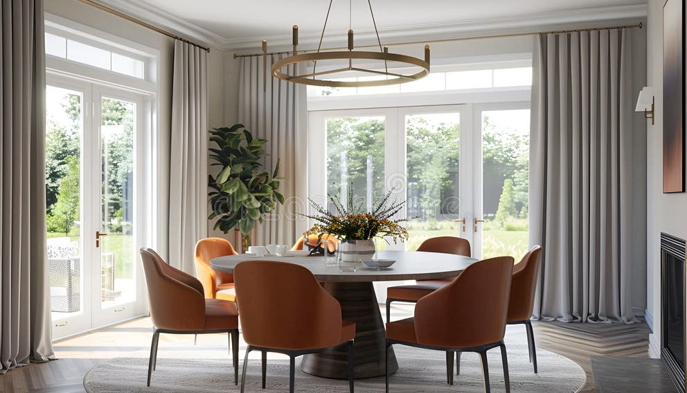 Modern Dining Space with Round Table Upholstered Chairs Statement Light ...