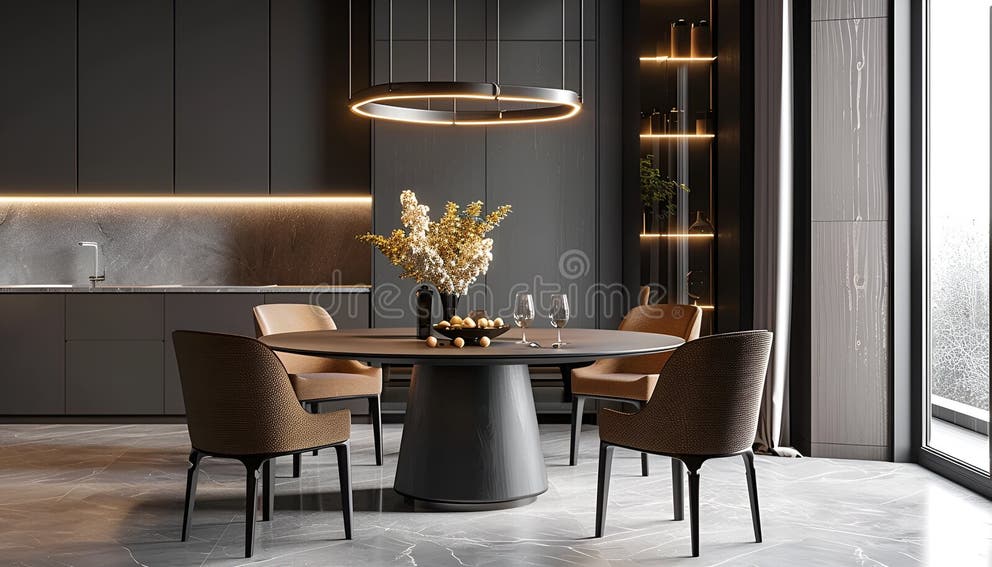 Modern Dining Space with Round Table Upholstered Chairs Statement Light ...