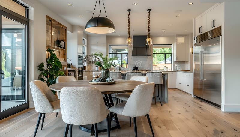 Modern Dining Space with Round Table Upholstered Chairs Statement Light ...
