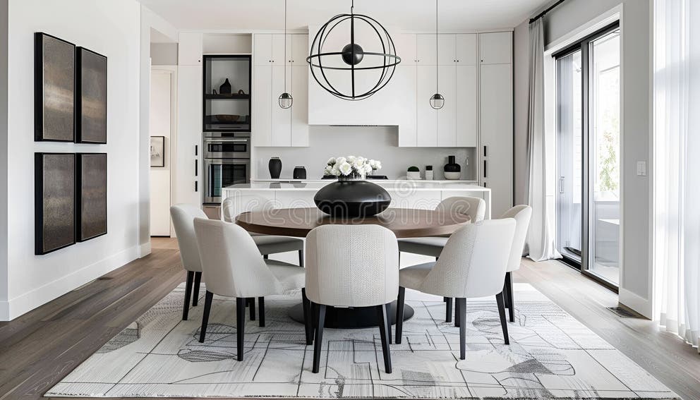 Modern Dining Space with Round Table Upholstered Chairs Statement Light ...