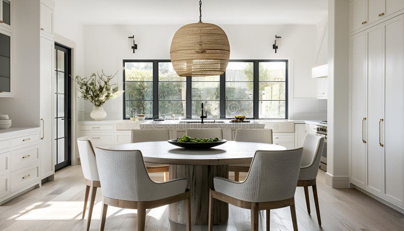 Modern Dining Space with Round Table Upholstered Chairs Statement Light ...