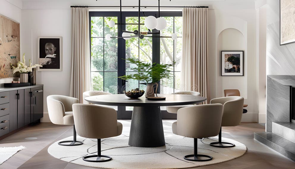 Modern Dining Space with Round Table Upholstered Chairs Statement Light ...