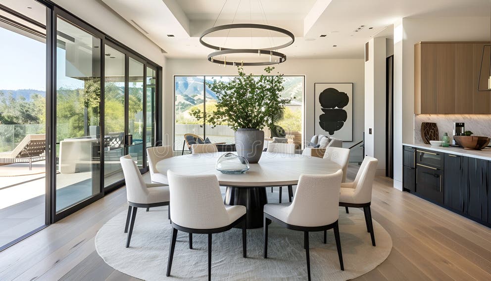 Modern Dining Space with Round Table Upholstered Chairs Statement Light ...
