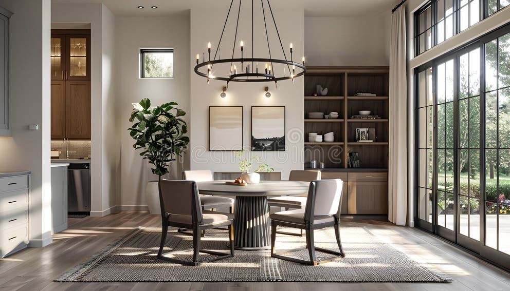 Modern Dining Space with Round Table Upholstered Chairs Statement Light ...