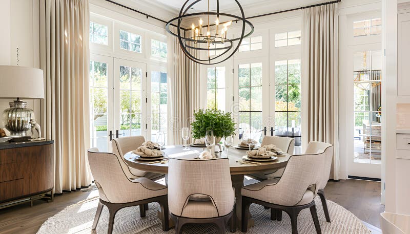 Modern Dining Space with Round Table Upholstered Chairs Statement Light ...