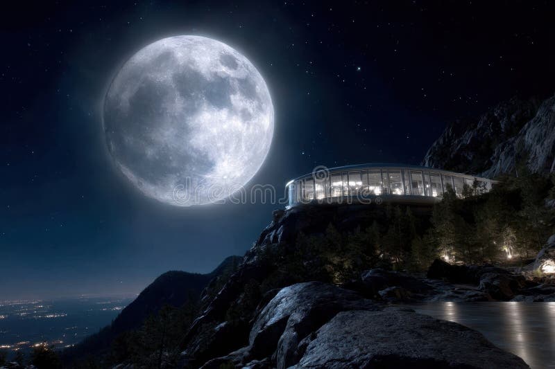 Moonlit Restaurant Perched on a Mountain Edge with Stunning Night Sky ...