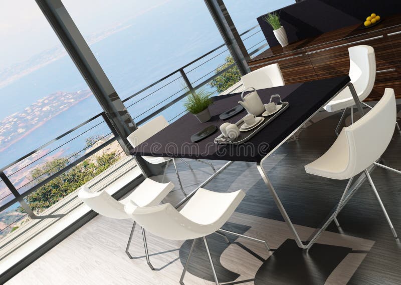 Modern Dining Table Against Floor To Ceiling Window with Landscape View ...