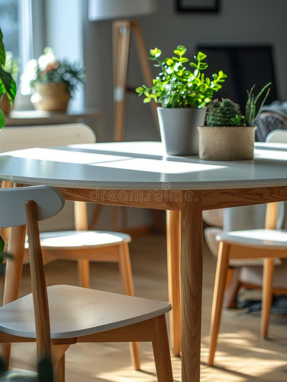 A Modern Dining Table with Potted Plants in a Sunlit Room. Stock Image ...