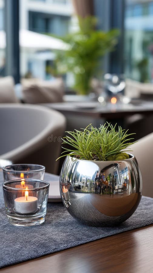 Modern Dining Table Setting with Potted Plant and Lit Candles in a ...