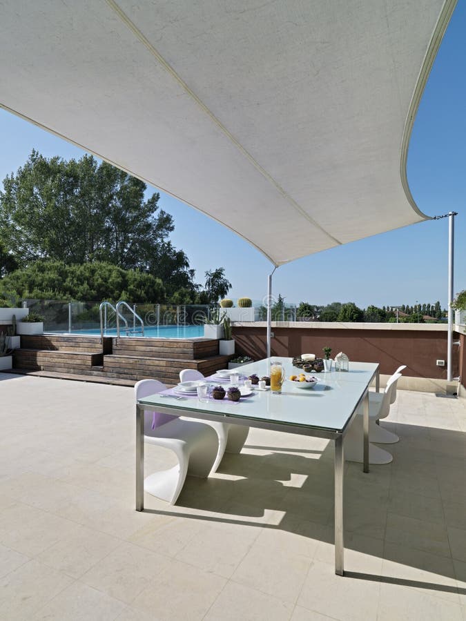Modern Dining Table in Terrace Stock Image - Image of balcony, tile ...