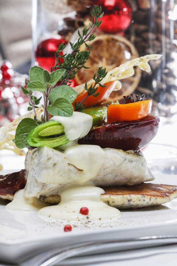 A Modern Dish with Zander and Vegetables. Table Setting in Luxurious ...