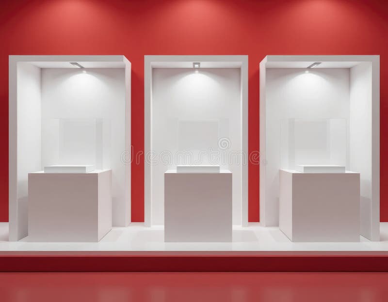 Modern Display Cases with White Cubes and Red Background Stock ...