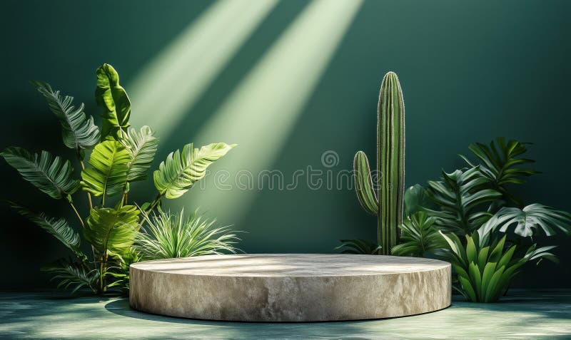 Modern Display Platform Surrounded by Lush Greenery and Dramatic ...