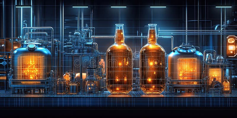 Modern Distillation Process in a High-tech Facility Showcasing Glowing ...