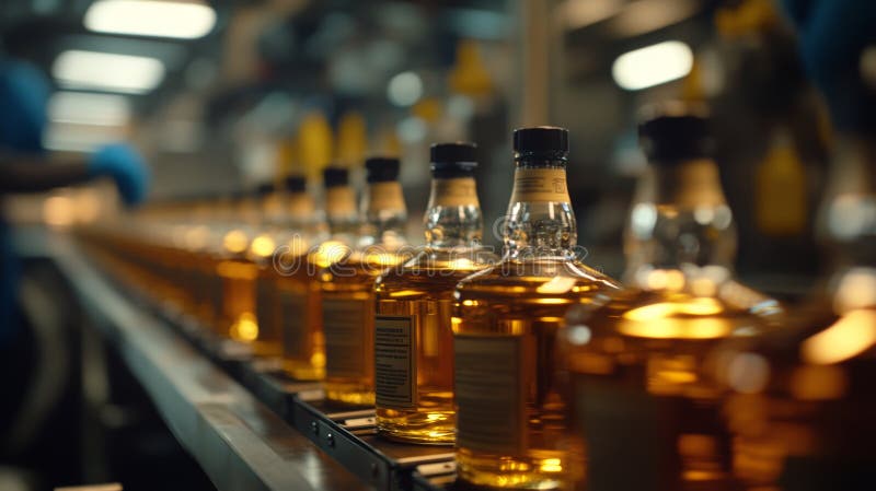 Modern Distillery Production Line Featuring a Row of Whiskey Bottles ...