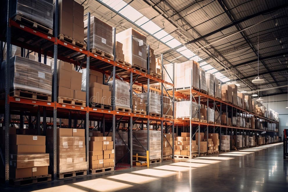 Modern Distribution Center with Pallets and Boxes on Racks. Generative ...