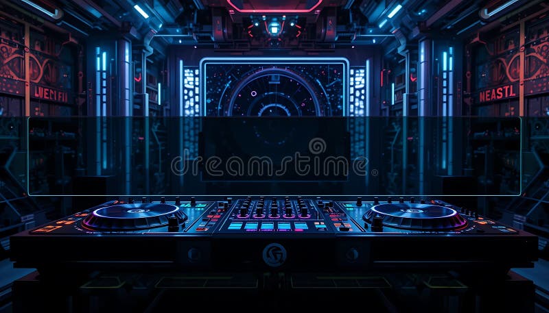 Dj Mixing Console Inside Futuristic Space Station with Neon Lights ...