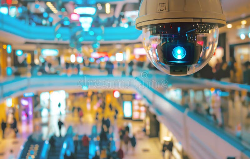 Modern Dome Surveillance Camera in a Vibrant Shopping Mall Interio ...