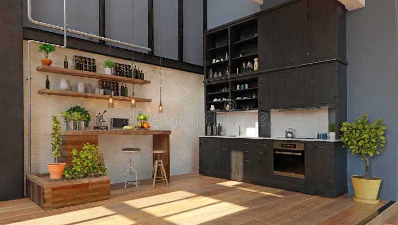 Modern Domestic Kitchen Interior Stock Illustration - Illustration of ...