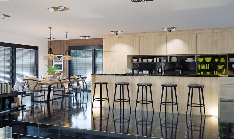 Modern Domestic Kitchen, Stylish Interior Design Stock Illustration ...