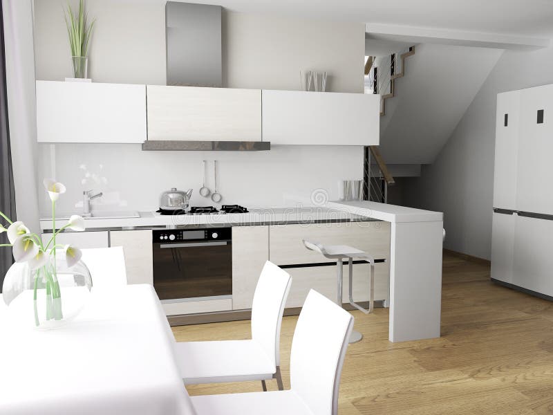 Modern Domestic Kitchen, Stylish Interior Design, 3 D Rendering Image ...