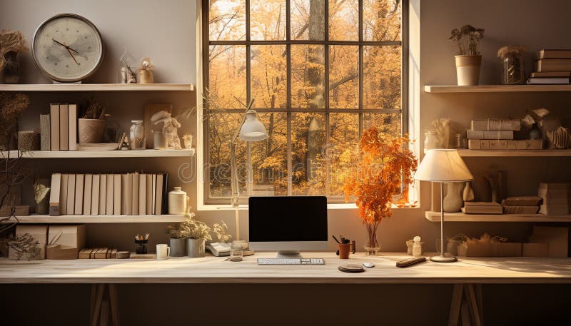 Modern Domestic Room with a Table, Shelf, and Wood Desk Generated by AI ...