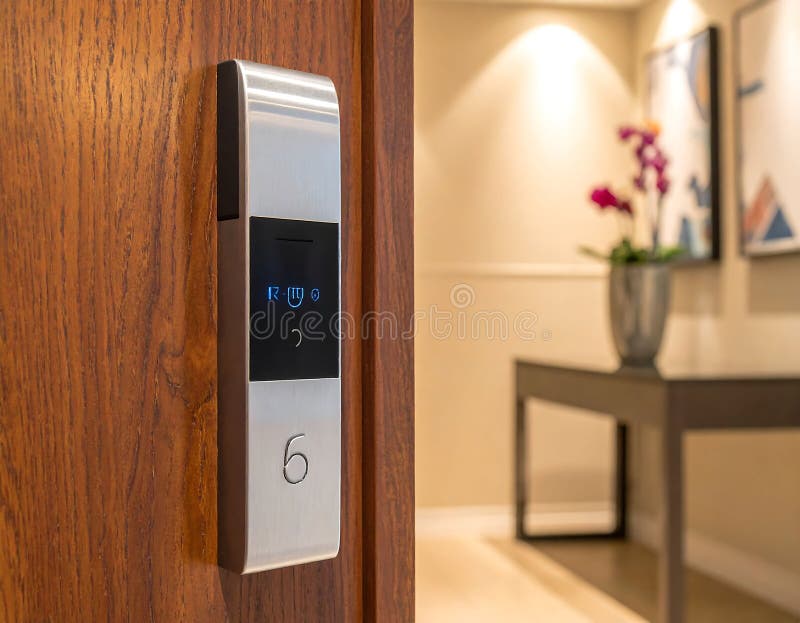 Modern Door Lock with Digital Display on a Wooden Door, Suggesting ...