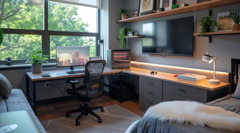 Modern Dorm Room Study Setup with Computer Stock Illustration ...