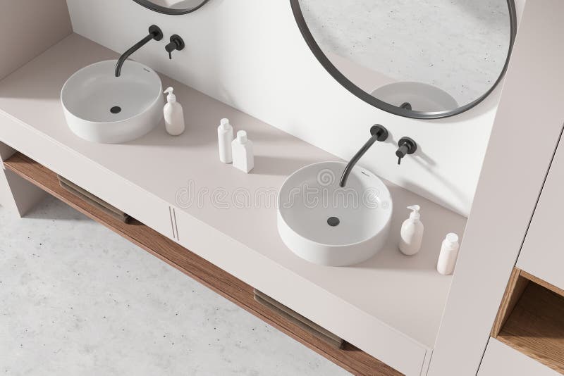 Modern Double Sink Bathroom Design with Mirrors. 3D Rendering Stock ...