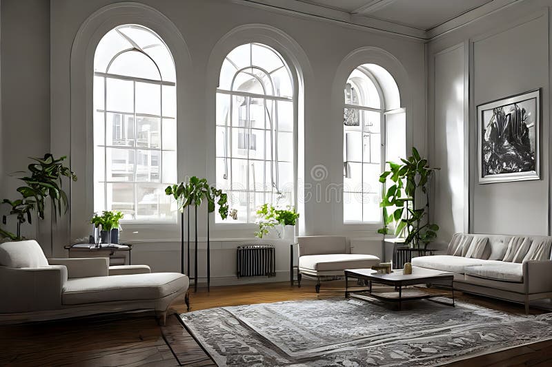 Modern Drawing Room with White Background and Plants Big Windows and ...